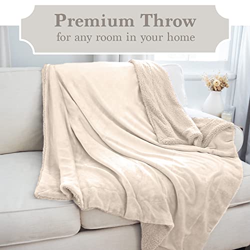 The Connecticut Home Company Throw Blanket, Soft Plush Reversible Velvet and Sherpa, King 108x90, Warm Thick Throws for Bed, Comfy Washable Bedding Accent Blankets for Sofa Couch Chair, Cream