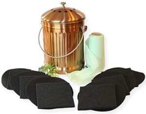 gardenatomy kitchen compost pail bin for countertop - large decorative copper 1.3 gallon food scrap bucket for indoor - includes 1 year supply filters and bags