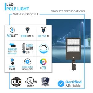 LEDMyplace 240W LED Pole Light with Photocell 3000K Universal Mount Bronze AC120-277V Dusk to Dawn - Parking Lot Lights