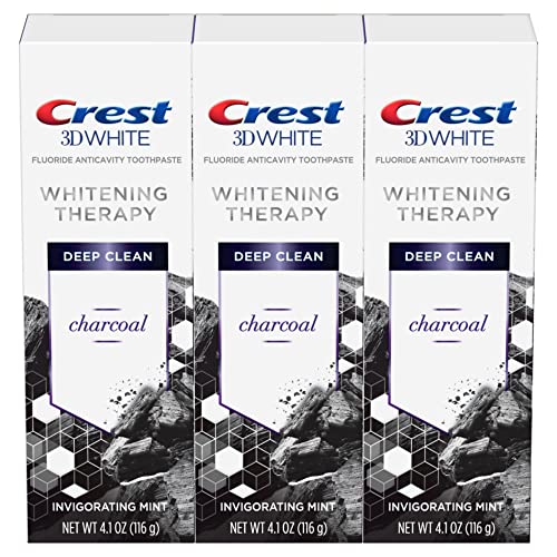 Crest Charcoal 3D White Toothpaste, Whitening Therapy Deep Clean with Fluoride, Invigorating Mint, 4.1 Oz (Pack of 3)