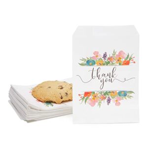 100 pack paper cookie bags, 5 x 7 inch for party favors, treats, candy, wedding, individual bag with floral thank you design, mini gift bags for snacks, goodies