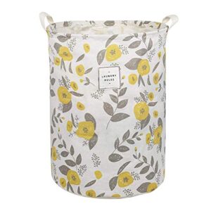 uujoly collapsible laundry basket, laundry hamper with handles waterproof round cotton linen laundry hamper printing household organizer basket, 19.7x15.7 inches, yellow