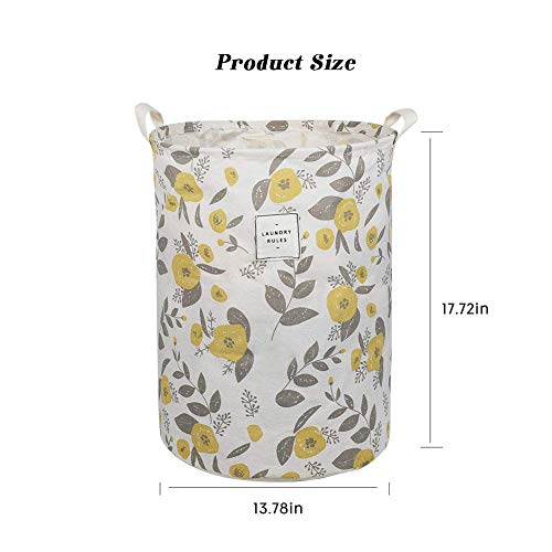 UUJOLY Collapsible Laundry Basket, Laundry Hamper with Handles Waterproof Round Cotton Linen Laundry Hamper Printing Household Organizer Basket, 19.7x15.7 inches, Yellow