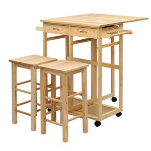 FCH Drop Leaf Table with 2 Square Stools and 2 Drawers Solid Wood Kitchen Table and Chair Set Island Cart Trolly Breakfast Bar