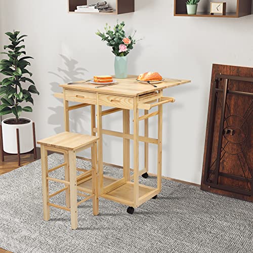 FCH Drop Leaf Table with 2 Square Stools and 2 Drawers Solid Wood Kitchen Table and Chair Set Island Cart Trolly Breakfast Bar