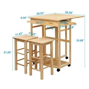 FCH Drop Leaf Table with 2 Square Stools and 2 Drawers Solid Wood Kitchen Table and Chair Set Island Cart Trolly Breakfast Bar