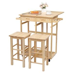 FCH Drop Leaf Table with 2 Square Stools and 2 Drawers Solid Wood Kitchen Table and Chair Set Island Cart Trolly Breakfast Bar