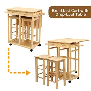 FCH Drop Leaf Table with 2 Square Stools and 2 Drawers Solid Wood Kitchen Table and Chair Set Island Cart Trolly Breakfast Bar