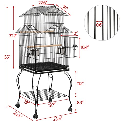 Yaheetech 55-inch Rolling Standing Triple Roof Top Medium Parrot Cage for Mid-Sized Parrots Cockatiels Sun Parakeets Green Cheek Conures Caique Pet Bird Cage with Detachable Stand