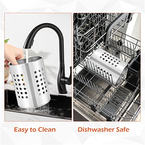 EORTA Stainless Steel Kitchen Utensil Holder Flatware Cylinder Silverware Draining Organizer Drying Rack with Round Drain Holes for Forks, Knives, Spoons, Chopsticks, Small