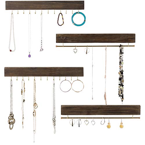 Large Wall Mounted Jewelry Organizer. 17" Inches Wide Rustic Display with Hooks for Hanging Rings, Earrings, Necklace Holder, Bracelet Hanger. Shabby Chic Wood Home Decor (Set of 4 - Dark Brown)