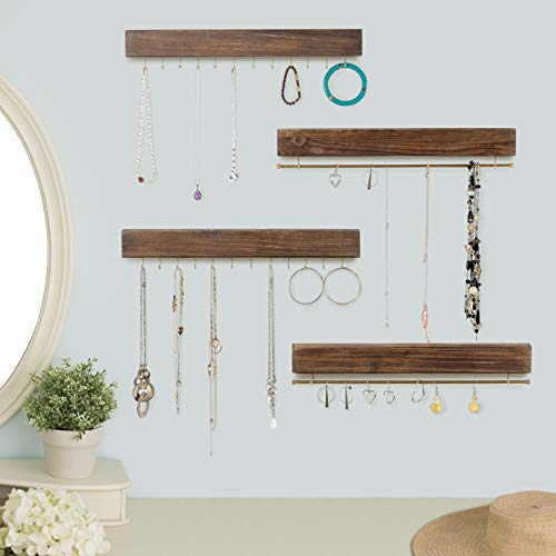 Large Wall Mounted Jewelry Organizer. 17" Inches Wide Rustic Display with Hooks for Hanging Rings, Earrings, Necklace Holder, Bracelet Hanger. Shabby Chic Wood Home Decor (Set of 4 - Dark Brown)