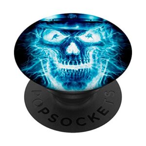 flaming blue skull face - fire skull for boys men popsockets swappable popgrip