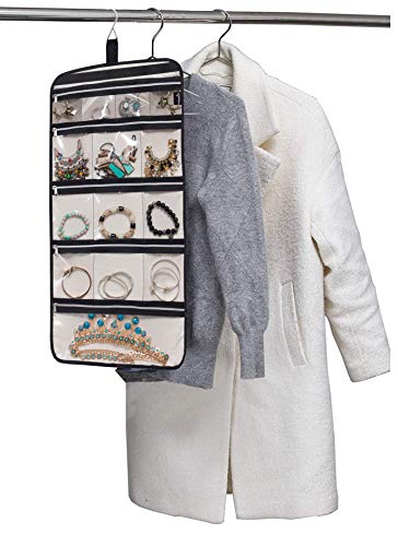 MISSLO Hanging Jewelry Organizer Travel Foldable Jewelry Roll Storage Case with 14 Cotton Zippered Pockets for Traveling, Closet, Suitcase