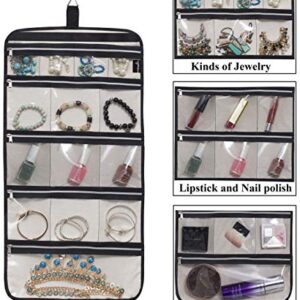 MISSLO Hanging Jewelry Organizer Travel Foldable Jewelry Roll Storage Case with 14 Cotton Zippered Pockets for Traveling, Closet, Suitcase