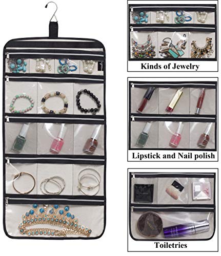 MISSLO Hanging Jewelry Organizer Travel Foldable Jewelry Roll Storage Case with 14 Cotton Zippered Pockets for Traveling, Closet, Suitcase