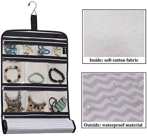 MISSLO Hanging Jewelry Organizer Travel Foldable Jewelry Roll Storage Case with 14 Cotton Zippered Pockets for Traveling, Closet, Suitcase