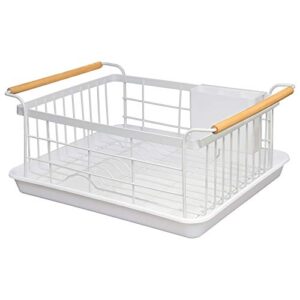 brian & dany kitchen dish drainer, drying rack with full-mesh storage basket, wooden handle, removable cutlery tray