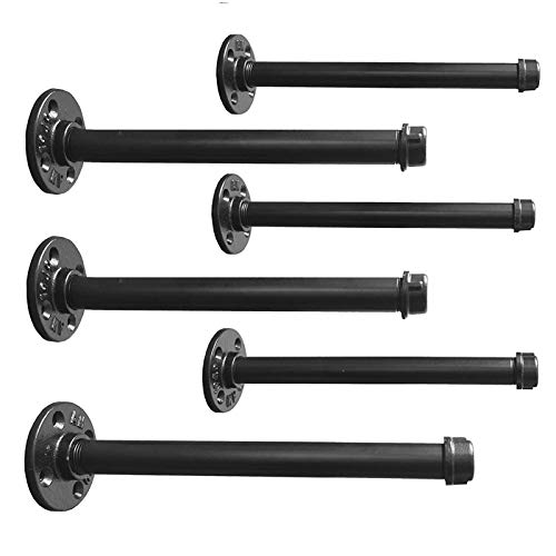 Industrial Black Iron Pipe Shelf Brackets –12 Inch Set of 6, Heavy Duty Rustic Floating Shelf Bracket, Clothing Rack, Coated Finish, Hardware Included