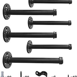 Industrial Black Iron Pipe Shelf Brackets –12 Inch Set of 6, Heavy Duty Rustic Floating Shelf Bracket, Clothing Rack, Coated Finish, Hardware Included