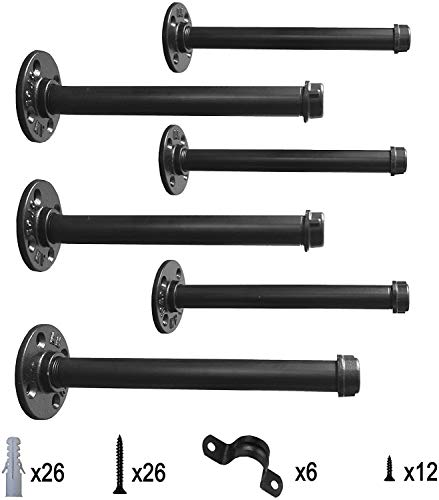 Industrial Black Iron Pipe Shelf Brackets –12 Inch Set of 6, Heavy Duty Rustic Floating Shelf Bracket, Clothing Rack, Coated Finish, Hardware Included