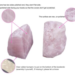 AMOYSTONE Rose Quartz Crystal Stone Bookends Small Bookcase Home Office with Rubber Bumpers 1 Pair 2-3 LBS