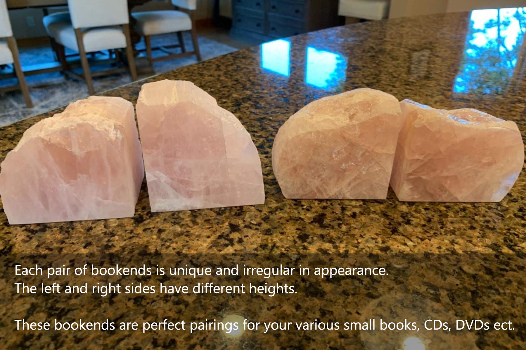 AMOYSTONE Rose Quartz Crystal Stone Bookends Small Bookcase Home Office with Rubber Bumpers 1 Pair 2-3 LBS