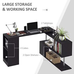 HOMCOM 55" 360° Rotating Corner Computer Desk Modern L-Shaped Home Office Workstation with 3-Tier Storage Shelves, Bookshelf, Black