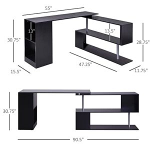 HOMCOM 55" 360° Rotating Corner Computer Desk Modern L-Shaped Home Office Workstation with 3-Tier Storage Shelves, Bookshelf, Black