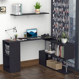 HOMCOM 55" 360° Rotating Corner Computer Desk Modern L-Shaped Home Office Workstation with 3-Tier Storage Shelves, Bookshelf, Black