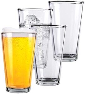 clear glass beer cups – 4 pack – all purpose drinking tumblers, 16 oz – elegant design for home and kitchen – lead and bpa free, great for restaurants, bars, parties – by kitchen lux