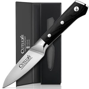 cutluxe paring knife – 3.5" small kitchen knife, peeling knife with razor sharp blade – forged high carbon german steel – full tang & ergonomic handle design – artisan series