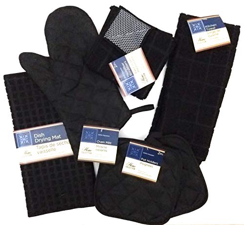 Kitchen Towel Set with 2 Quilted Pot Holders, Oven Mitt, Dish Towel, Dish Drying Mat, 2 Microfiber Scrubbing Dishcloths (Black)