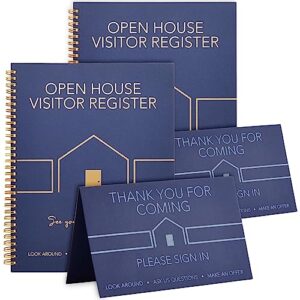 2 pack sign in book for open house visitors, guest registry with 2 pack realtor tent cards for real estate agent supplies, home sale business (navy blue, 8.5x11)