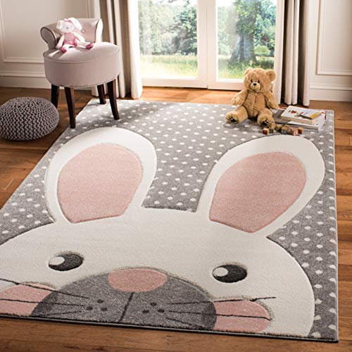 SAFAVIEH Carousel Kids Collection Area Rug - 5'3" x 7'6", Pink & Grey, Bunny Ear Design, Non-Shedding & Easy Care, Ideal for High Traffic Areas for Boys & Girls in Playroom, Nursery, Bedroom (CRK168P)