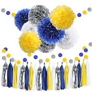 30pcs tissue pom poms yellow blue color party supplies,navy yellow white silver birthday party decorations paper tassel garland for bridal shower wedding school ceremony graduation theme party supplie