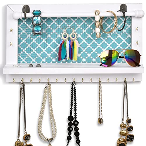 VIEFIN Rustic Jewelry Organizer Wall Mounted Jewelry Holder, Wood Earring Holder Display With Shelf And Hooks, Removable Rod For Bracelet Necklace Ring Bracelet - White