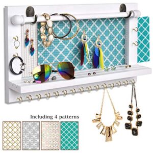 VIEFIN Rustic Jewelry Organizer Wall Mounted Jewelry Holder, Wood Earring Holder Display With Shelf And Hooks, Removable Rod For Bracelet Necklace Ring Bracelet - White