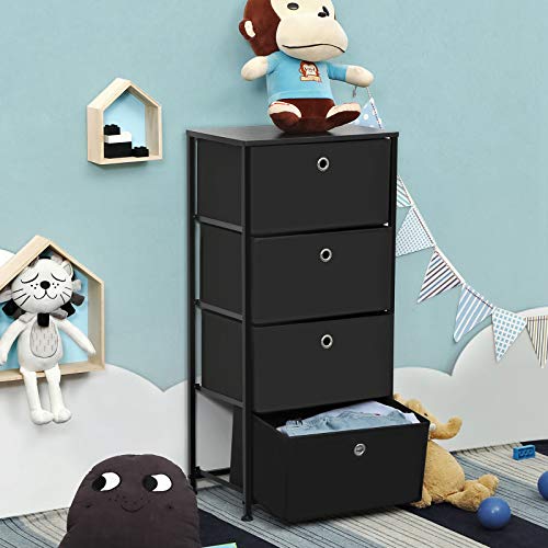 SONGMICS Nightstand, Dresser with 4 Easy Pull Fabric Drawers, Chest of Drawers, Storage Organizer with Metal Frame, Wooden Tabletop, for Living Room, Closet, Nursery, Black ULTS04H