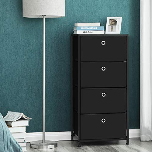 SONGMICS Nightstand, Dresser with 4 Easy Pull Fabric Drawers, Chest of Drawers, Storage Organizer with Metal Frame, Wooden Tabletop, for Living Room, Closet, Nursery, Black ULTS04H