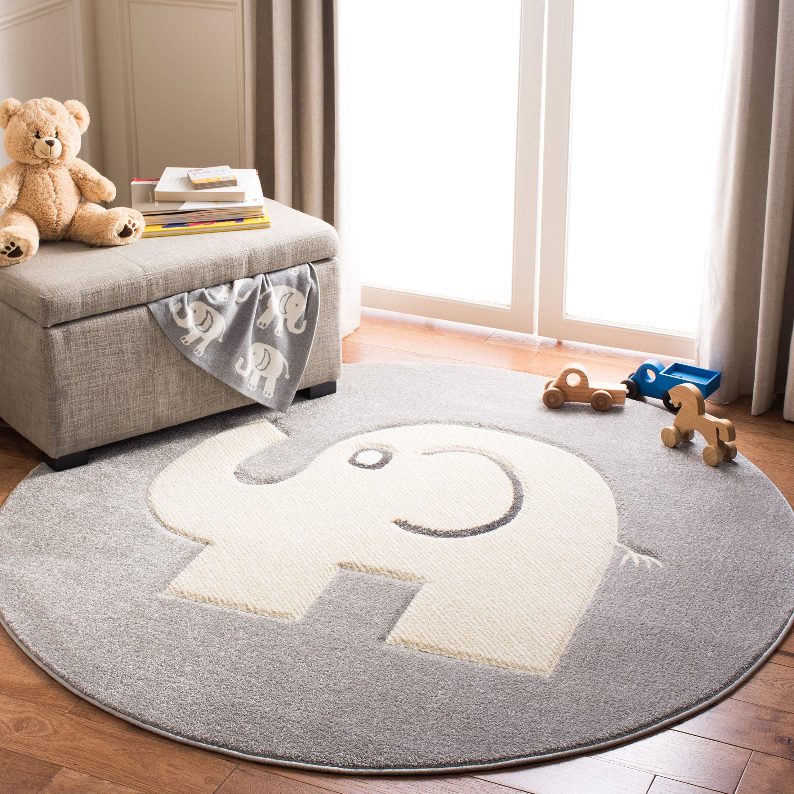 SAFAVIEH Carousel Kids Collection 5'3" Round Grey/Ivory CRK165B Elephant Nursery Playroom Area Rug