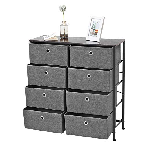 SONGMICS Dresser, Storage Unit with 8 Easy Pull Fabric Drawers, Dresser Drawer, Organizer Unit with Metal Frame, Wooden Tabletop, for Closet, Nursery, Dark Walnut and Gray ULTS24G