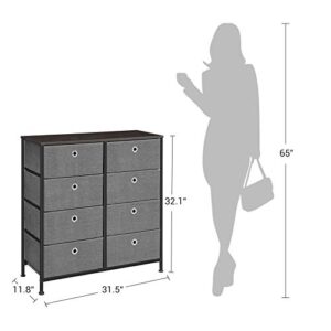 SONGMICS Dresser, Storage Unit with 8 Easy Pull Fabric Drawers, Dresser Drawer, Organizer Unit with Metal Frame, Wooden Tabletop, for Closet, Nursery, Dark Walnut and Gray ULTS24G