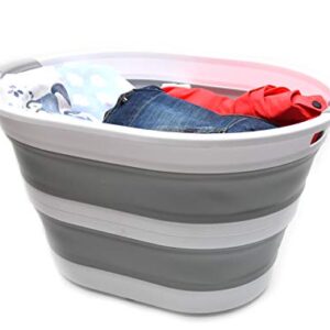 SAMMART 34L(8.98 Gallon) Set of 2 Collapsible Plastic Laundry Basket-Oval Tub/Basket-Foldable Storage Container/Organizer-Portable Washing Tub-Space Saving,Water Capacity 29L(7.66 Gallon) (2, Grey)