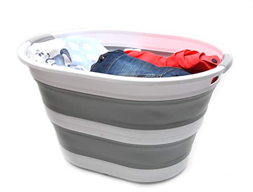 SAMMART 34L(8.98 Gallon) Set of 2 Collapsible Plastic Laundry Basket-Oval Tub/Basket-Foldable Storage Container/Organizer-Portable Washing Tub-Space Saving,Water Capacity 29L(7.66 Gallon) (2, Grey)