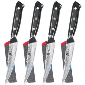 kyoku damascus non-serrated steak knives set of 4 - shogun series - japanese vg10 steel - with sheath & case