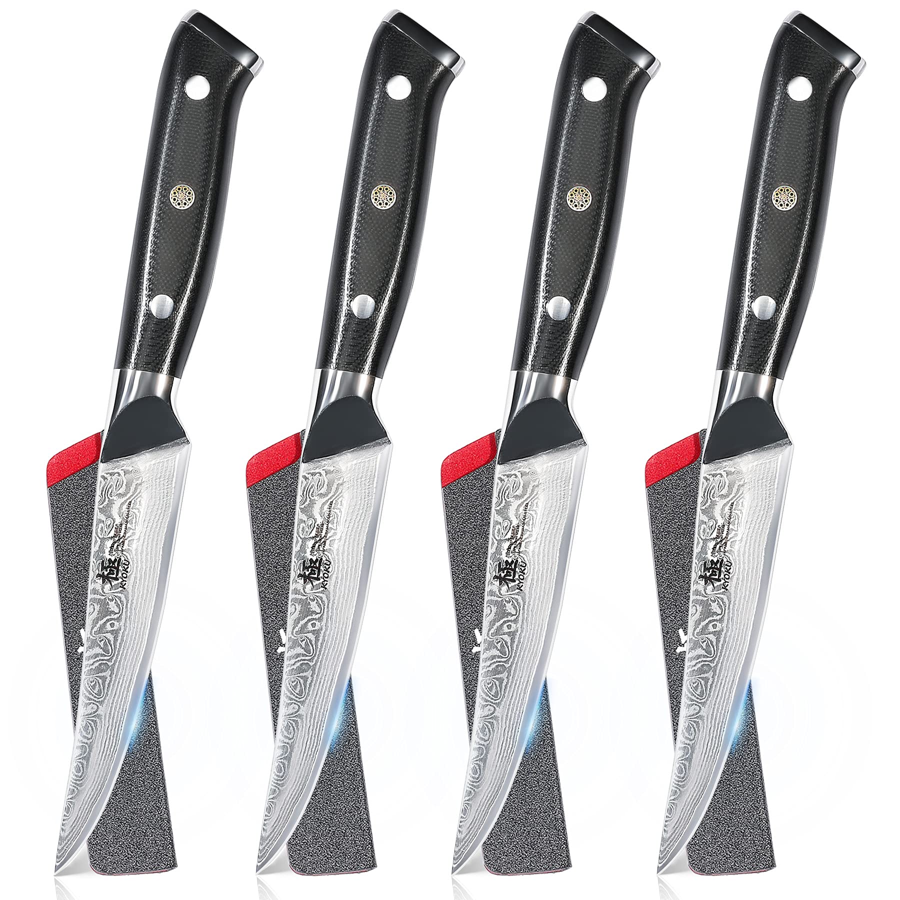 KYOKU Damascus Non-Serrated Steak Knives Set of 4 - Shogun Series - Japanese VG10 Steel - with Sheath & Case