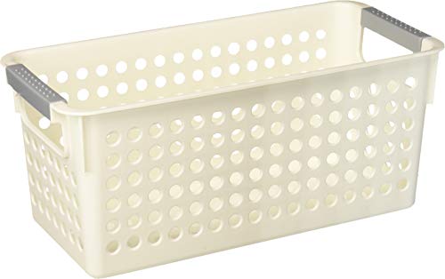 Basicwise White Rectangular Plastic Shelf Organizer Basket with Handles (Set of 3), (QI003238.3)