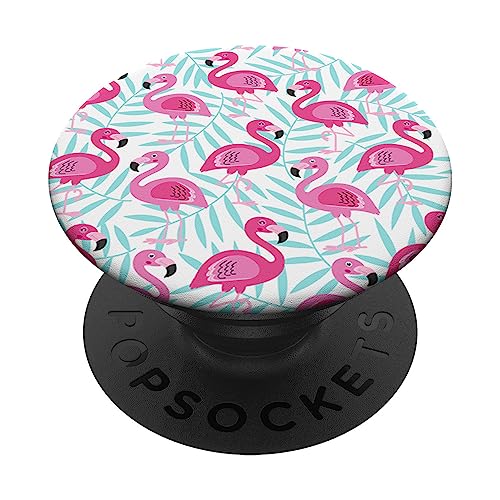 Pink Flamingos Teal Palm Tree Leaves Cute Beach Theme PopSockets Swappable PopGrip