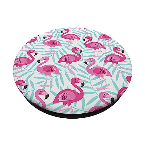 Pink Flamingos Teal Palm Tree Leaves Cute Beach Theme PopSockets Swappable PopGrip